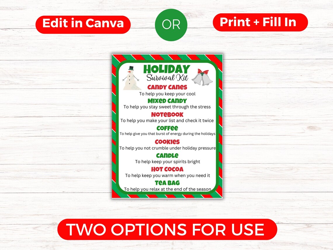 Editable Holiday Survival Kit Gift Tag Template, Holiday Gift Idea for ...