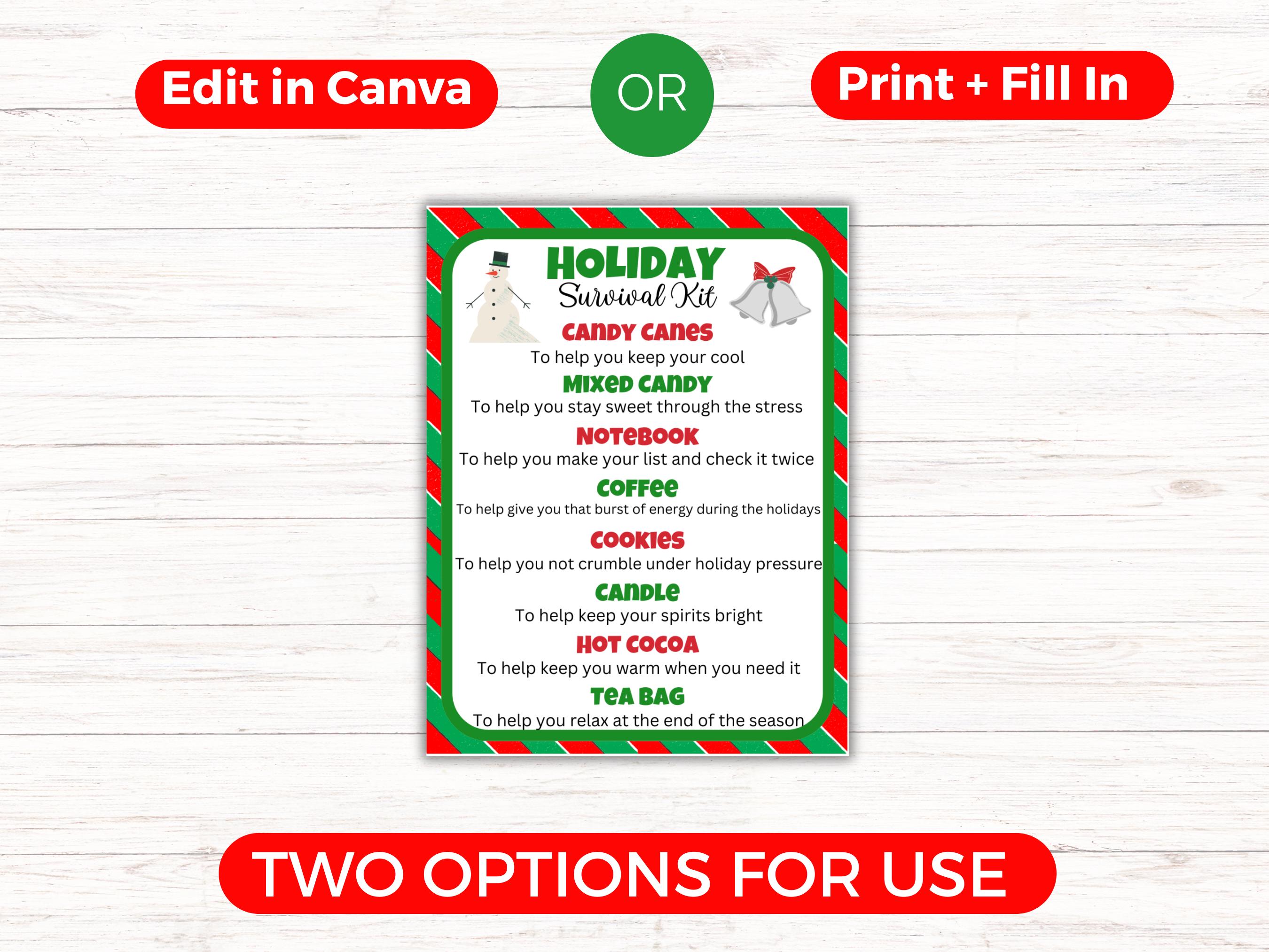 Editable Holiday Survival Kit Gift Tag Template, Holiday Gift Idea for ...