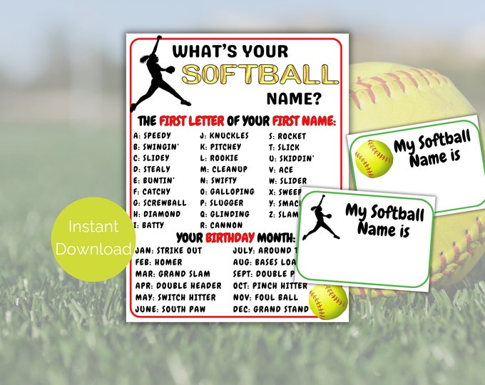 What's Your Softball Name Game + Name Tags, Softball Birthday Party ...