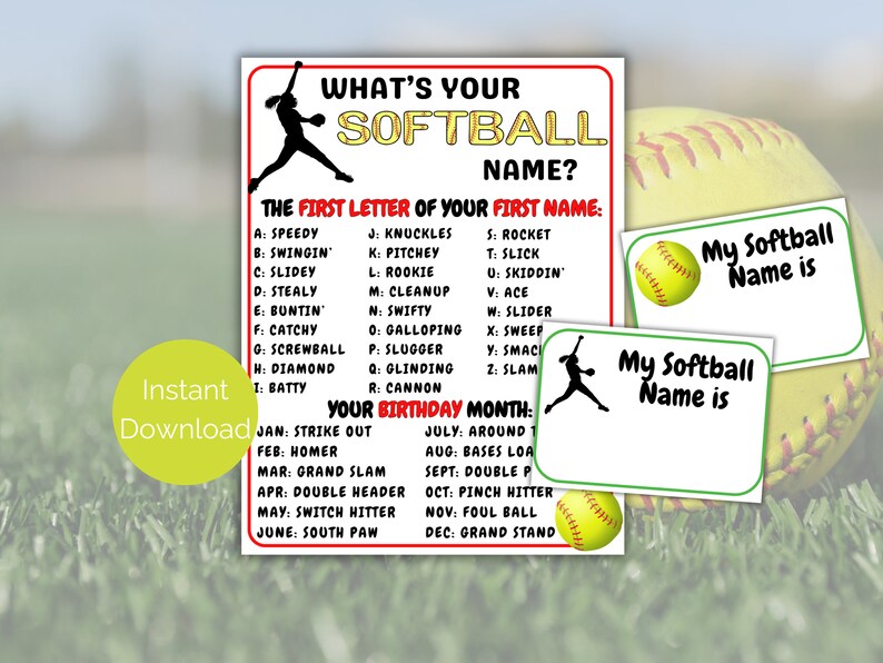 What's Your Softball Name Game + Name Tags, Softball Birthday Party ...