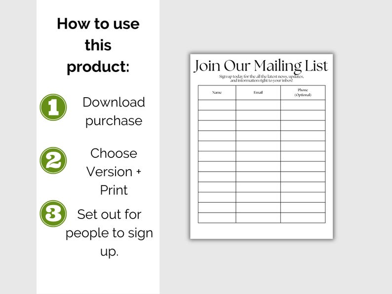 Email List Sign up Sheet, Printable Email Signup Form, Email Collection ...