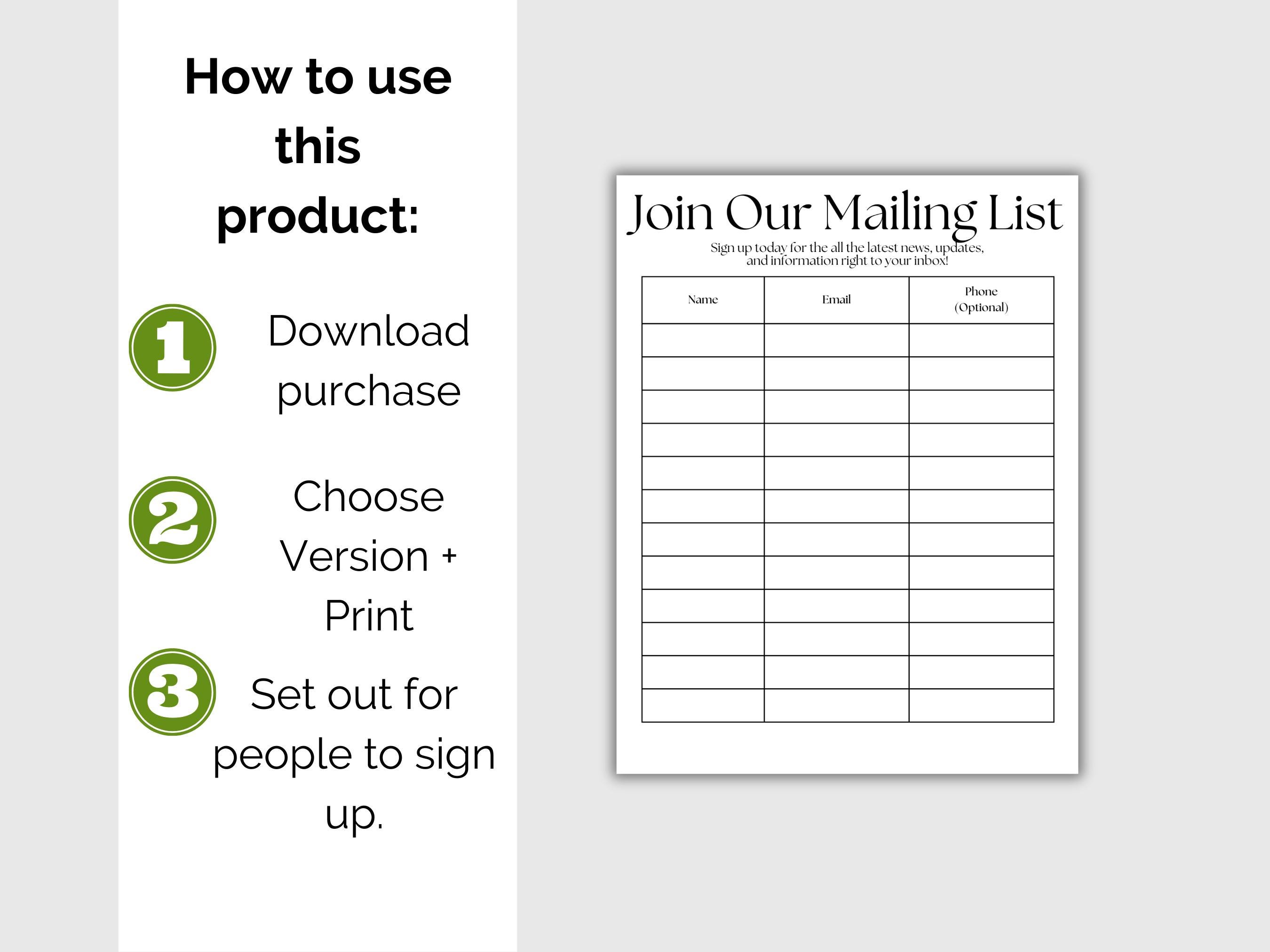 Email List Sign up Sheet, Printable Email Signup Form, Email Collection ...