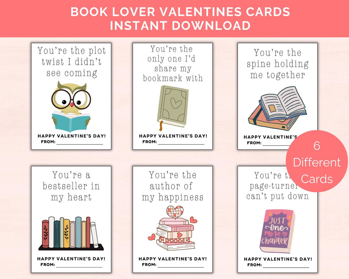 Book Lovers Valentine Cards, 6 Printable Book Lover Valentines ...