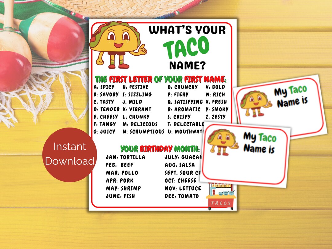 What's Your Taco Name Game + Name Tags, Cinco De Mayo Game, Mexican ...