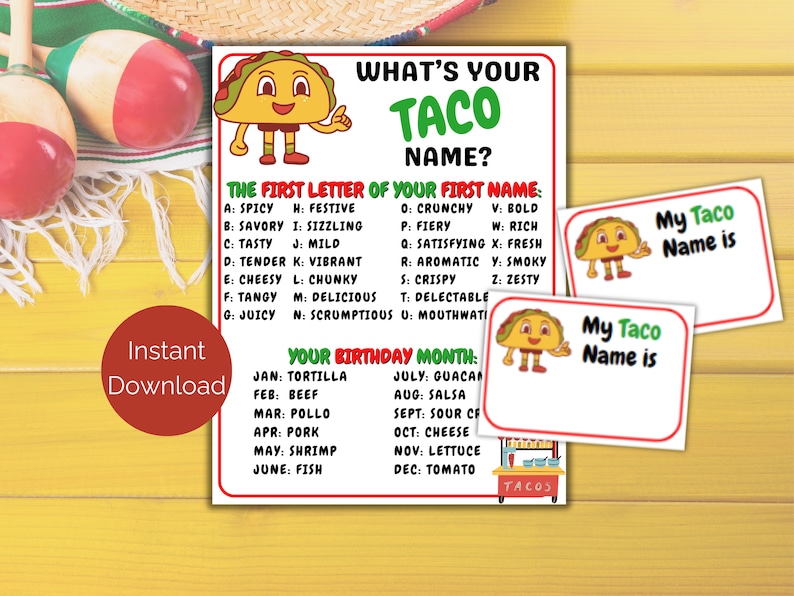 What's Your Taco Name Game + Name Tags, Cinco De Mayo Game, Mexican ...