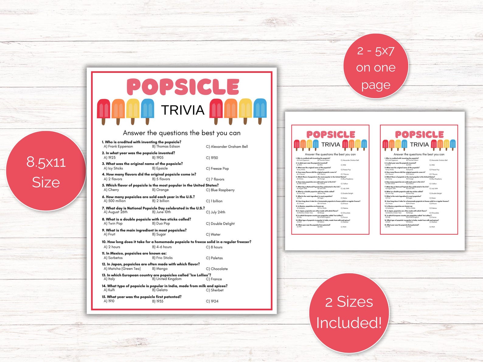Popsicle Trivia Game, Popsicle Party Game, Popsicle Quiz, Popsicle ...