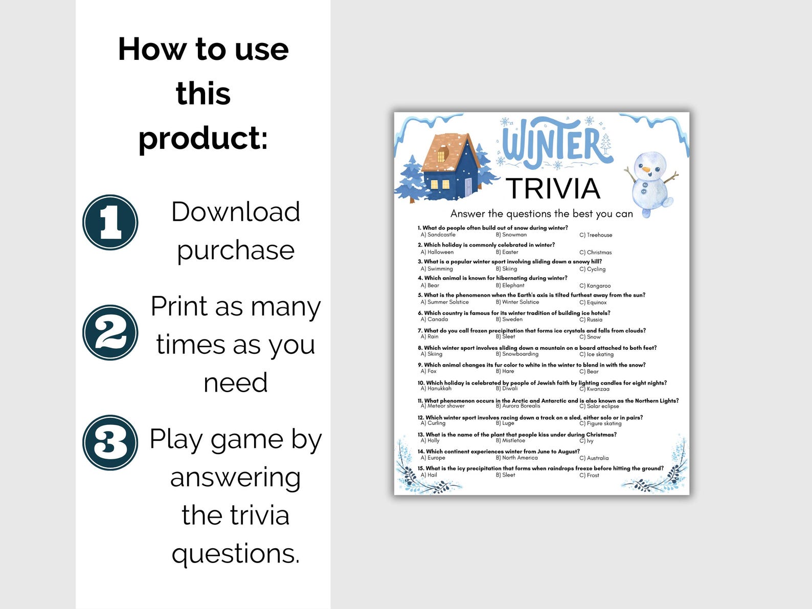 Winter Trivia Game, Winter Quiz, Printable Winter Games for Kids or ...