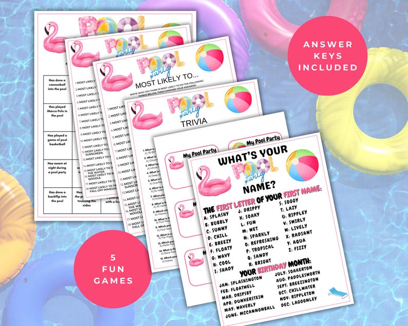 Pool Party Game Bundle, 5 Printable Pool Party Games, Summer Party ...