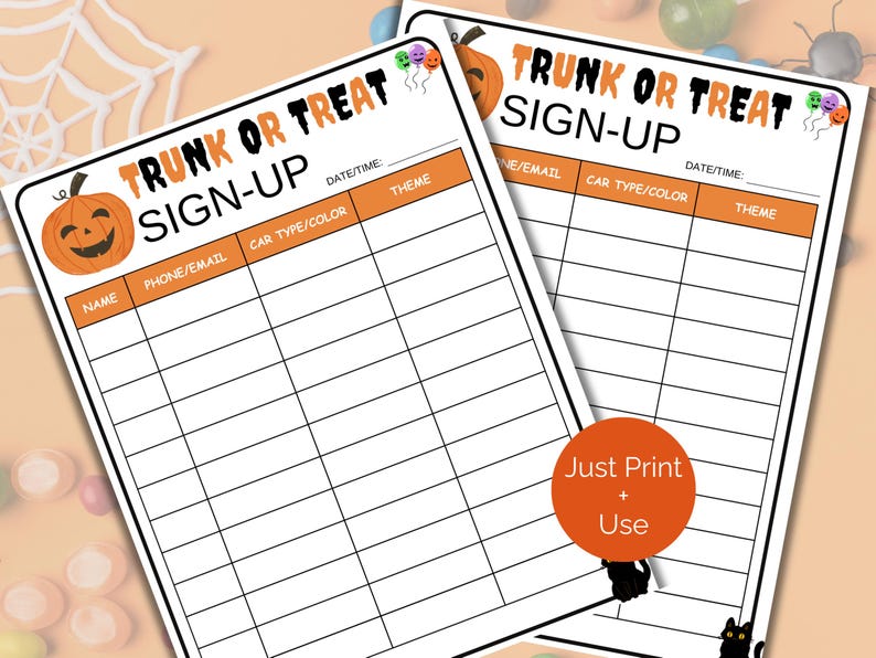 Trunk or Treat Sign up Sheet, Printable Halloween Trunk or Treat Sign ...