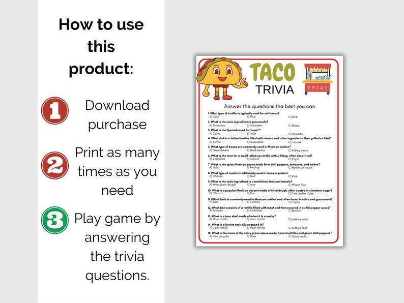 Taco Trivia Game, Taco Quiz, Printable Mexican Fiesta Game, Cinco De ...
