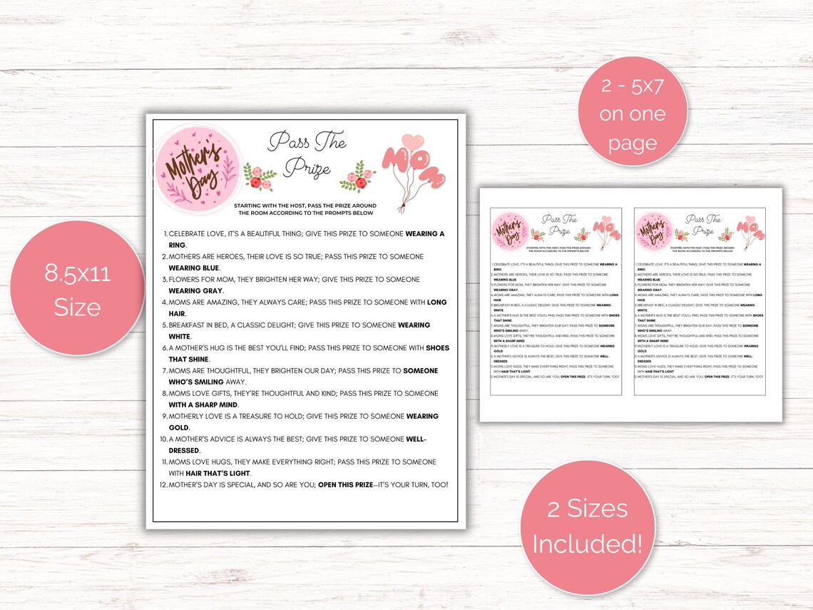 Mothers Day Pass the Prize, Printable Mom Pass the Parcel Game, Mothers ...