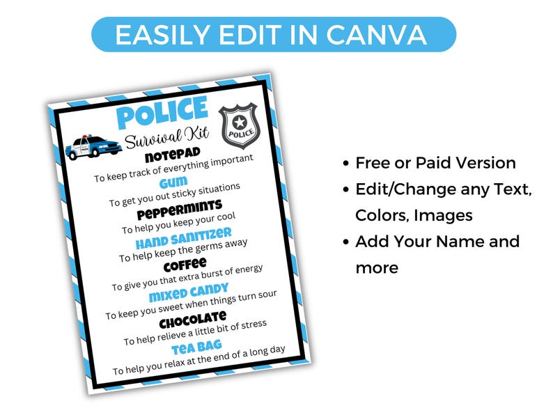 Editable Police Officer Survival Kit Gift Tags, Law Enforcement ...