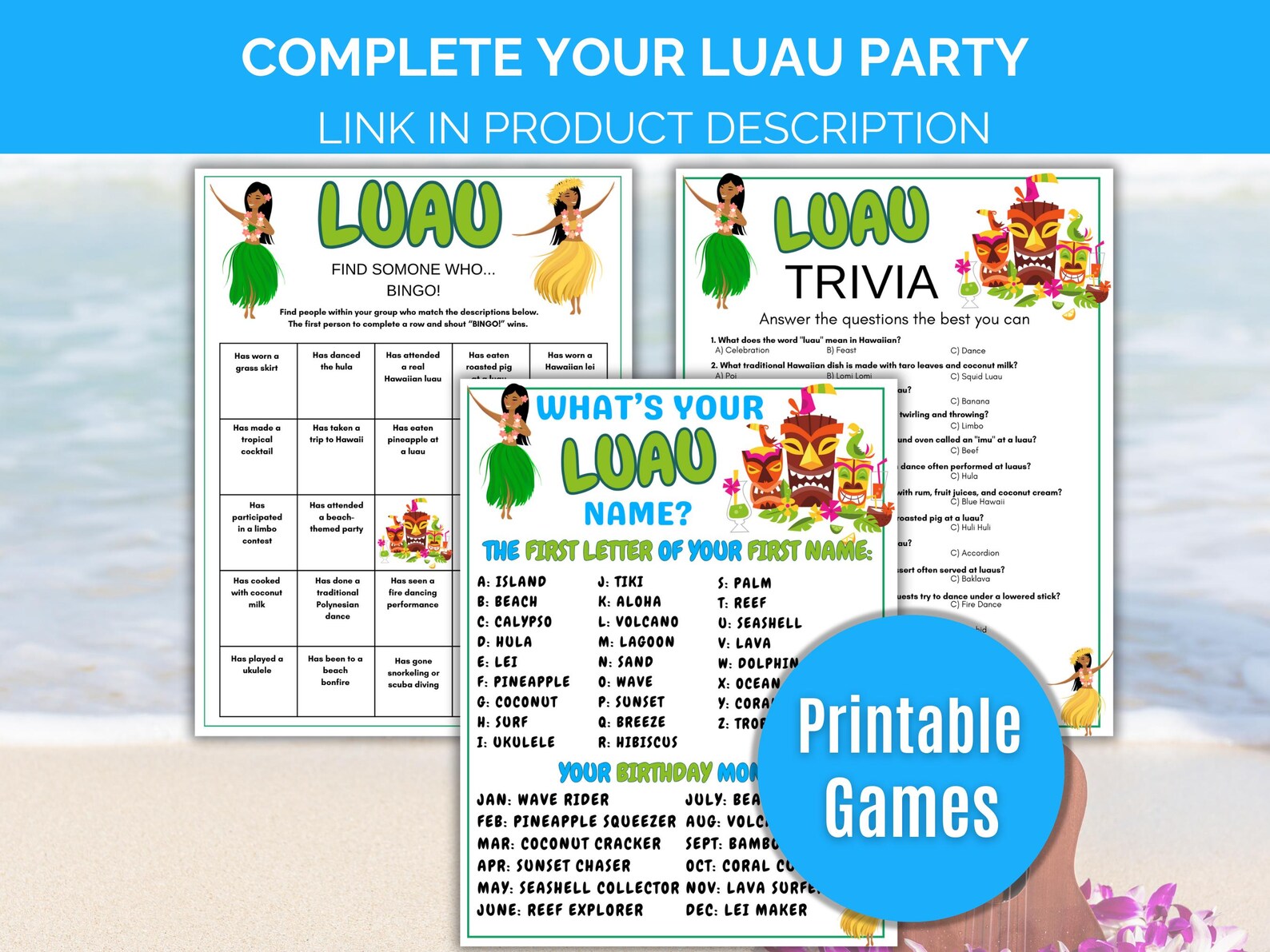 Luau Pass the Prize, Printable Luau Pass the Parcel Game, Luau Party ...