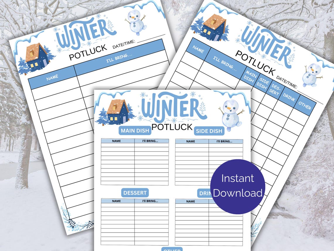 Winter Party Potluck Sign up Sheet, Printable Winter Party Sign up Form ...