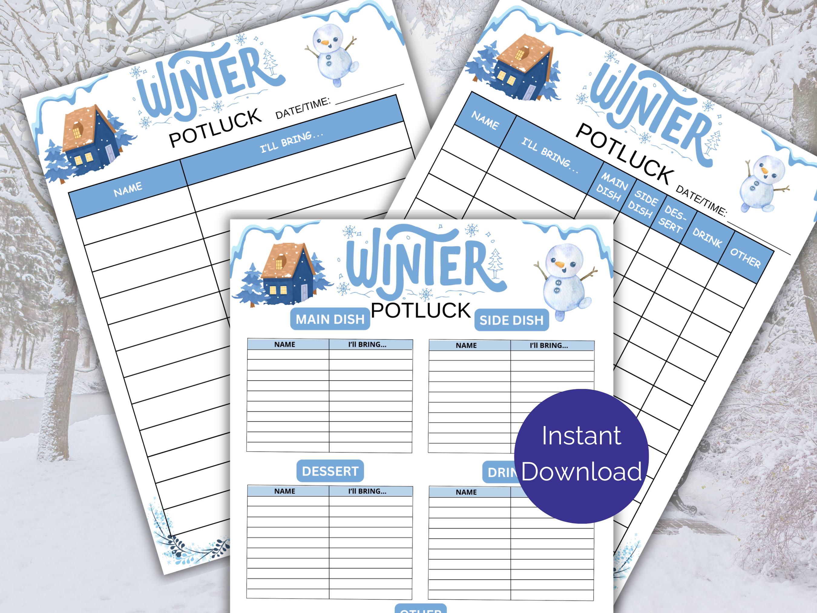 Winter Party Potluck Sign up Sheet, Printable Winter Party Sign up Form ...