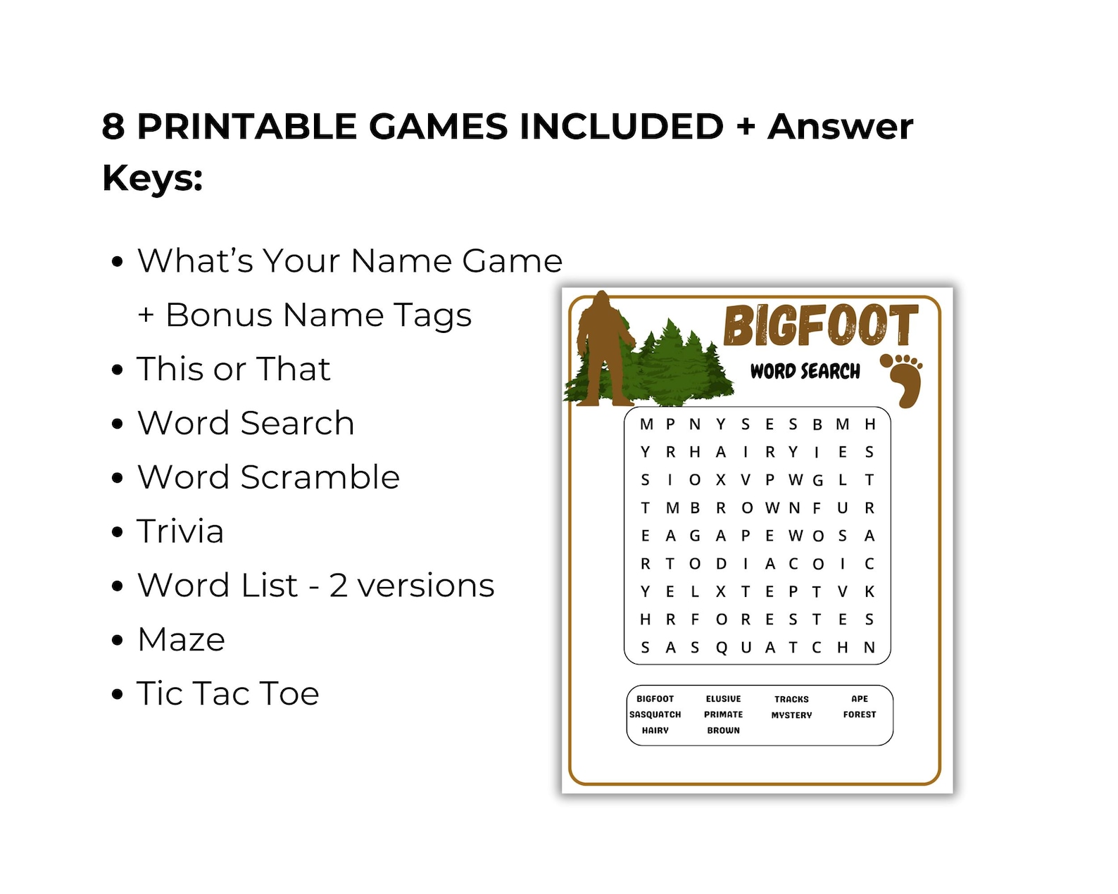 Bigfoot Games, Bigfoot Party Printable, Sasquatch Activity for Kids ...