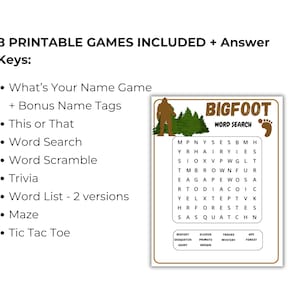 Bigfoot Games, Bigfoot Party Printable, Sasquatch Activity for Kids ...