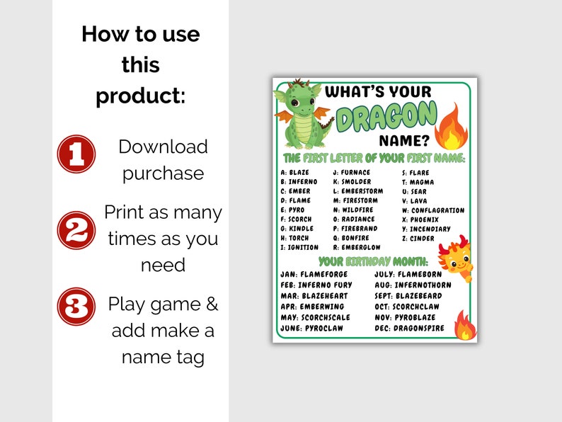 What's Your Dragon Name Game + Name Tags, Dragon Birthday Activity ...