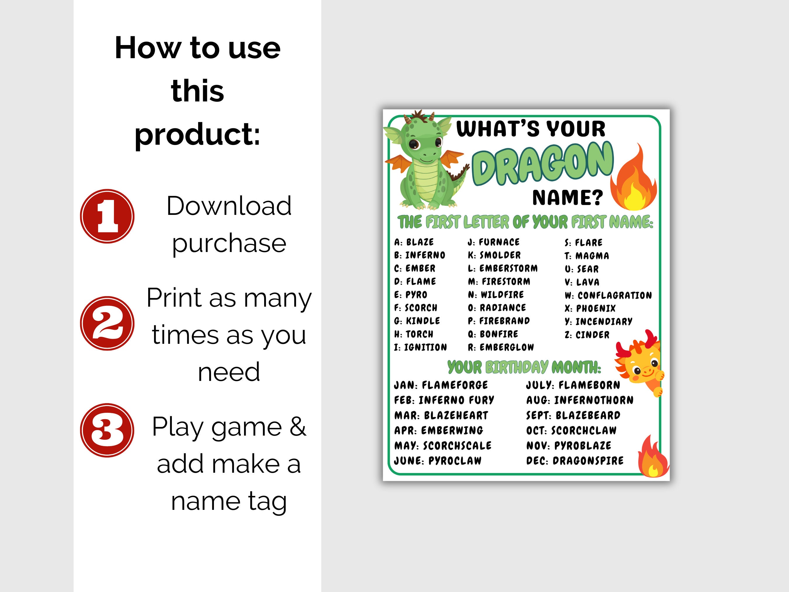 What's Your Dragon Name Game + Name Tags, Dragon Birthday Activity ...