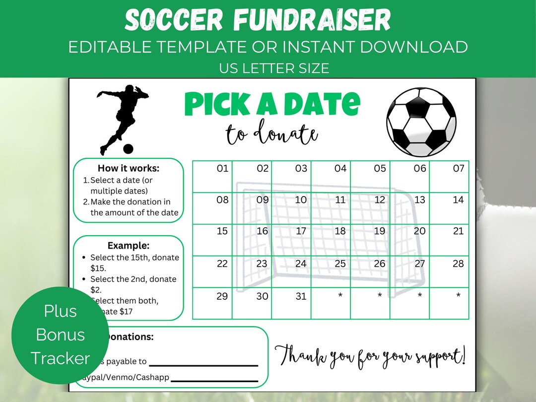 Editable Soccer Pick A Date, Soccer Fundraiser Calendar, Soccer Team ...