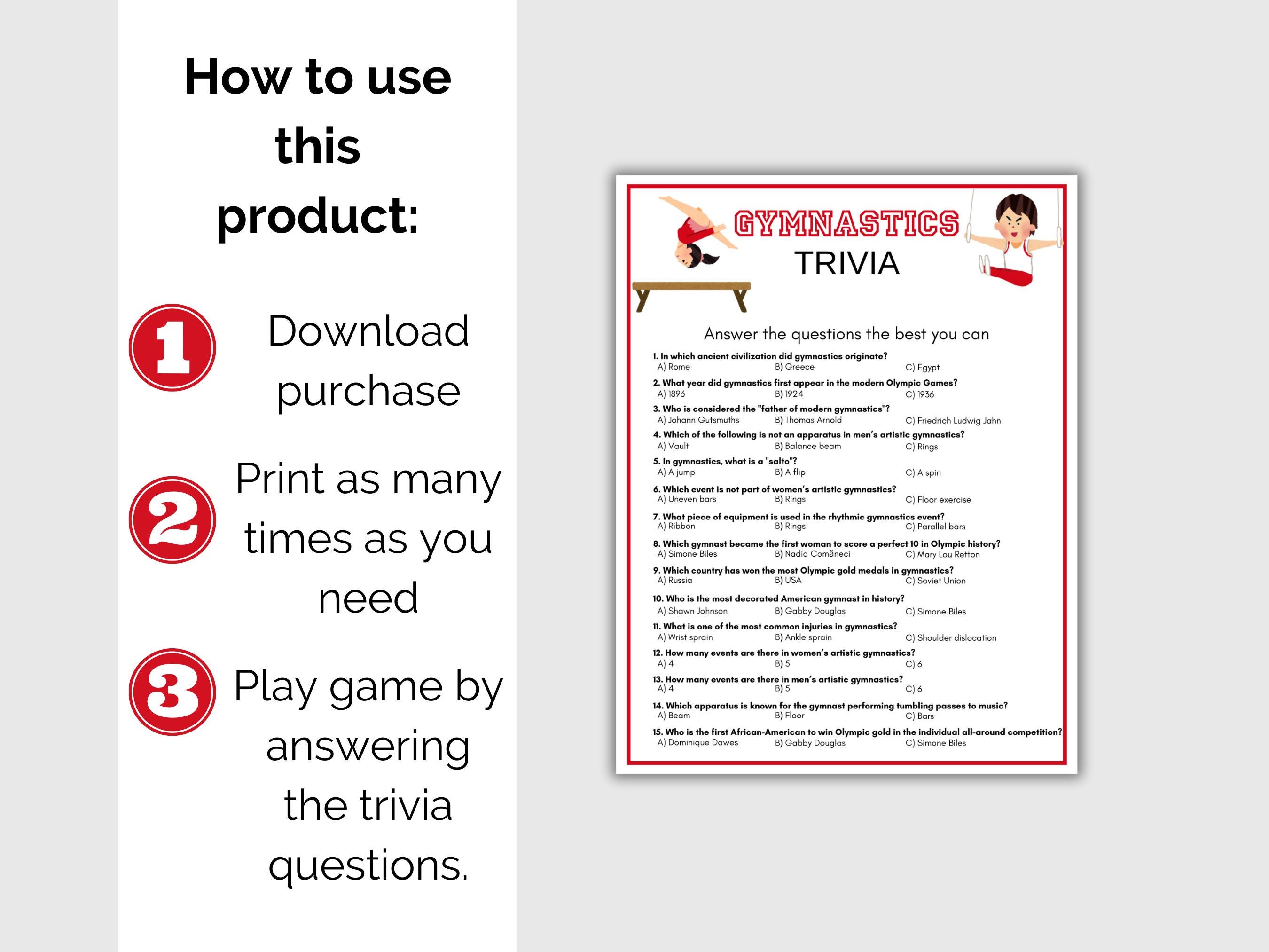 Gymnastics Trivia Game, Gymnastics Quiz, Printable Gymnastics Trivia ...