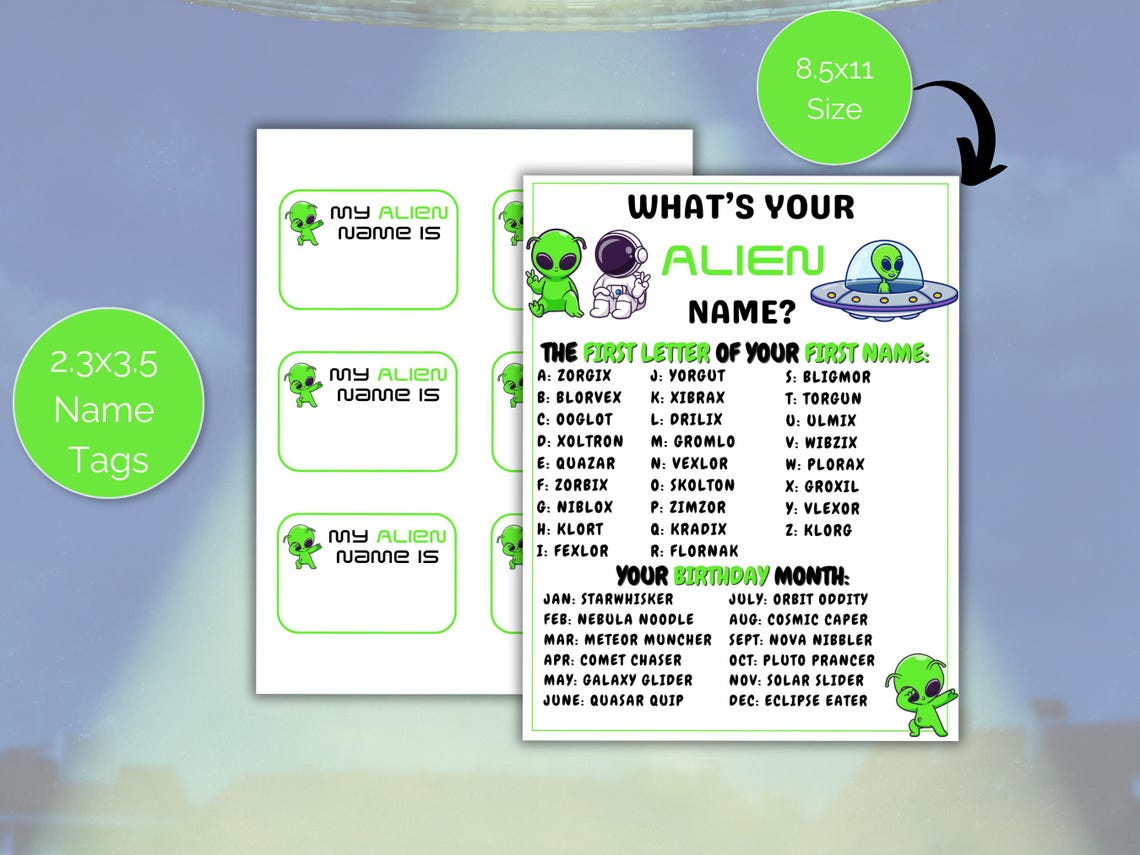 What's Your Alien Name Game + Name Tags, Printable Alien Birthday Party ...