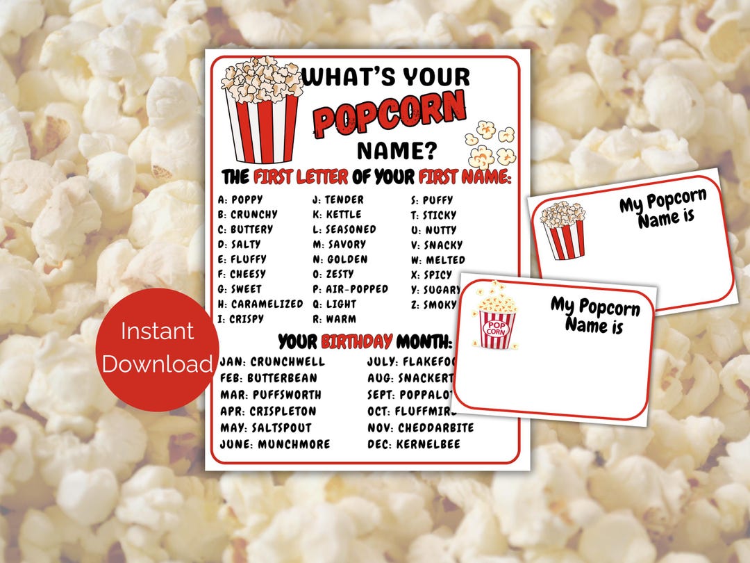 What's Your Popcorn Name Game + Name Tags, Popcorn Party Game, Popcorn ...