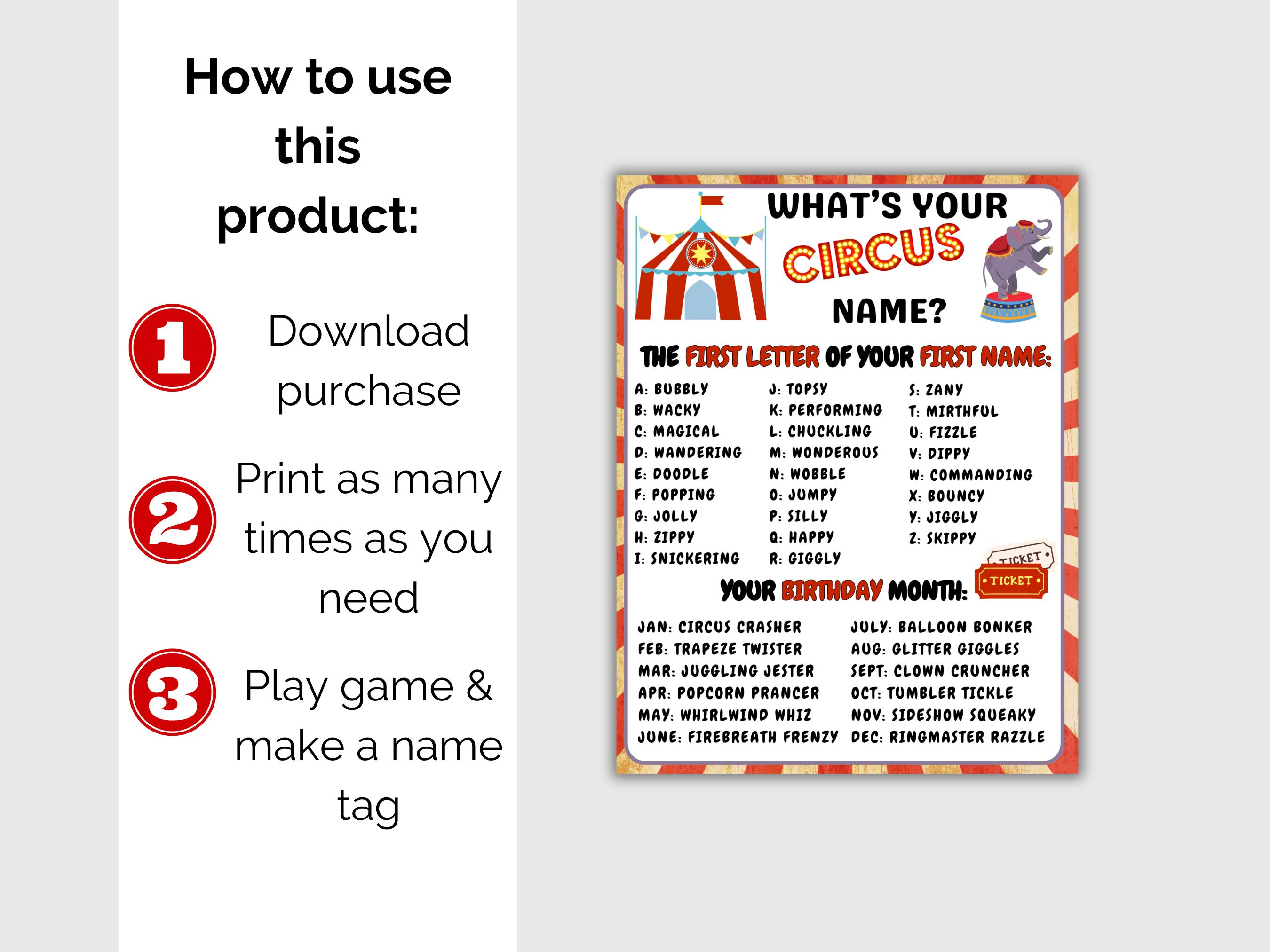 What's Your Circus Name Game + Name Tags, What's Your Carnival Name ...