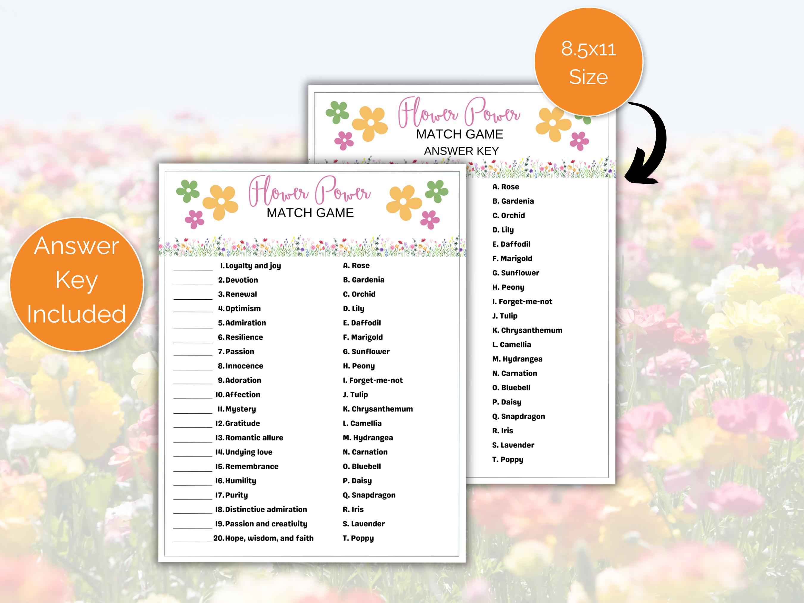 Flower Match up Game, Printable Flower Trivia Game, Flower Quiz, Spring ...