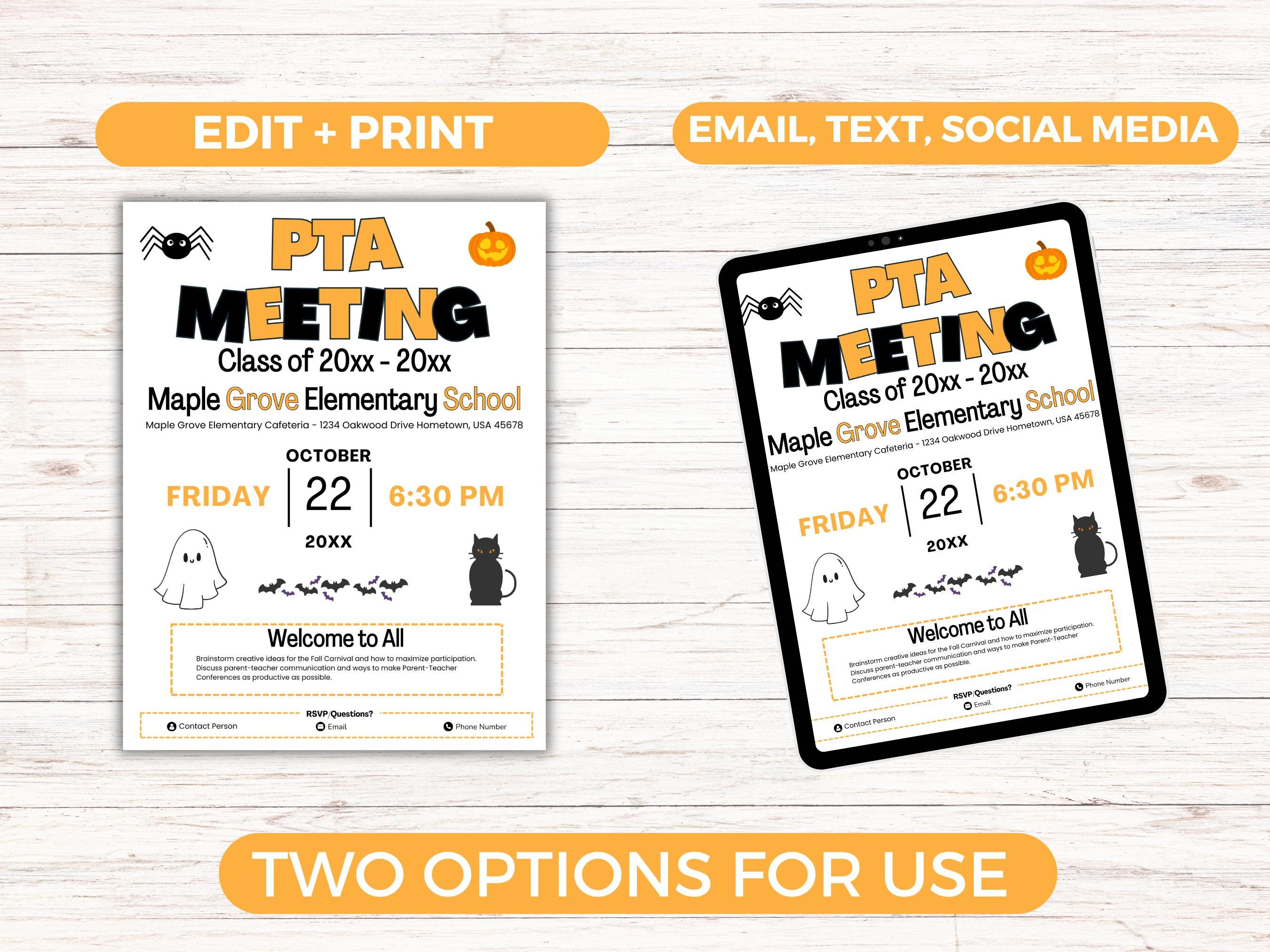 EDITABLE PTO PTA October Meeting Flyer Template, Pto/pta Information ...