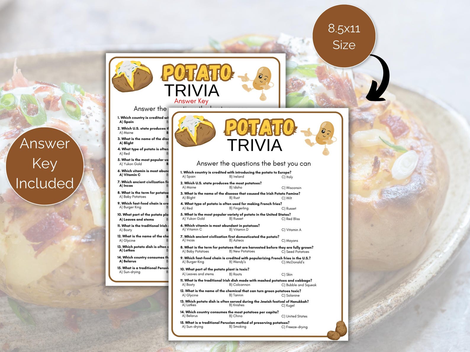 Potato Trivia Game, Potato Quiz, Printable Potato Bar Game for Kids ...