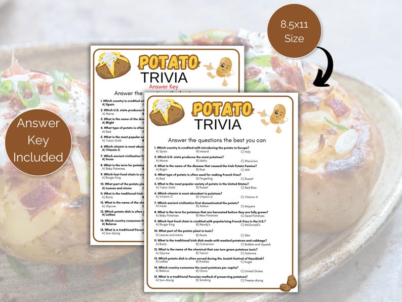 Potato Trivia Game, Potato Quiz, Printable Potato Bar Game for Kids ...