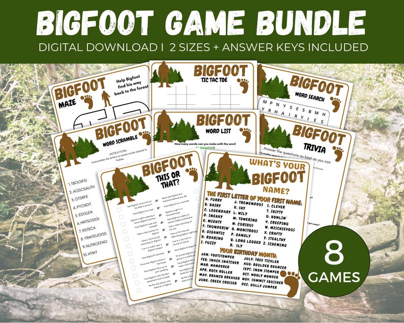 Bigfoot Games, Bigfoot Party Printable, Sasquatch Activity for Kids ...