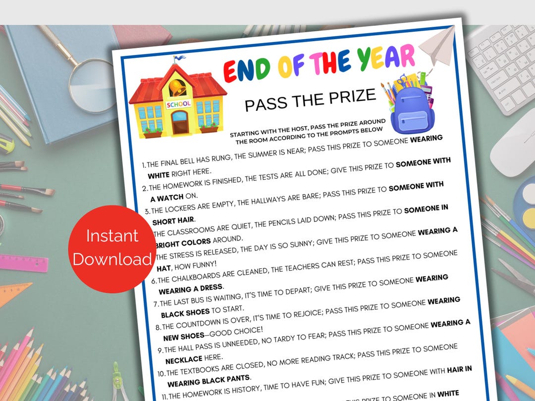 End of Year Pass the Prize, Printable Last Day of School Pass the ...