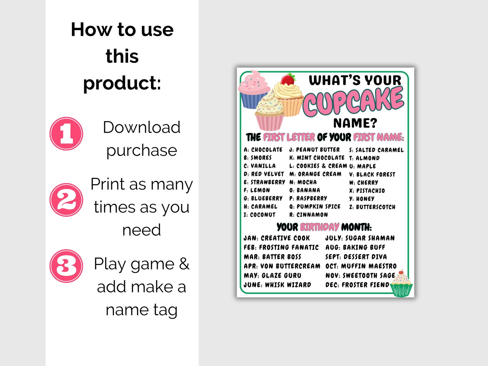 What's Your Cupcake Name Game + Name Tags, Cupcake Birthday Party Game ...