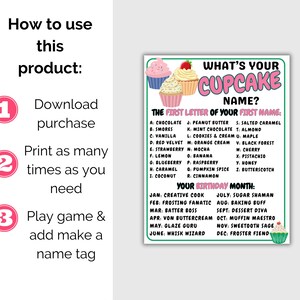 What's Your Cupcake Name Game + Name Tags, Cupcake Birthday Party Game ...