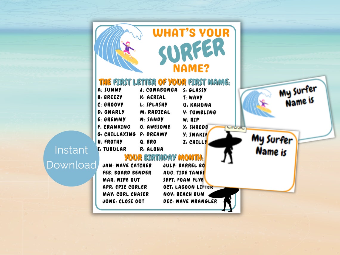 What's Your Surfer Name Game + Name Tags, Surfing Party Activity ...