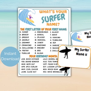 What's Your Surfer Name Game + Name Tags, Surfing Party Activity ...