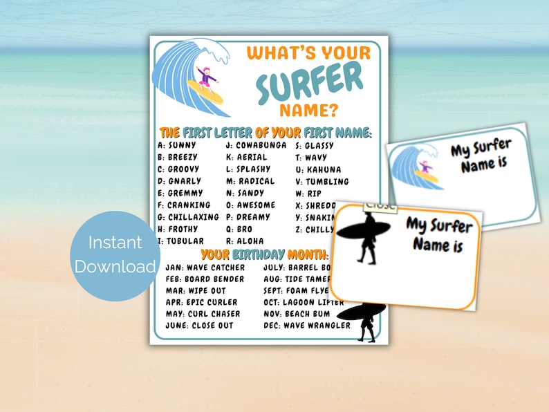 What's Your Surfer Name Game + Name Tags, Surfing Party Activity ...