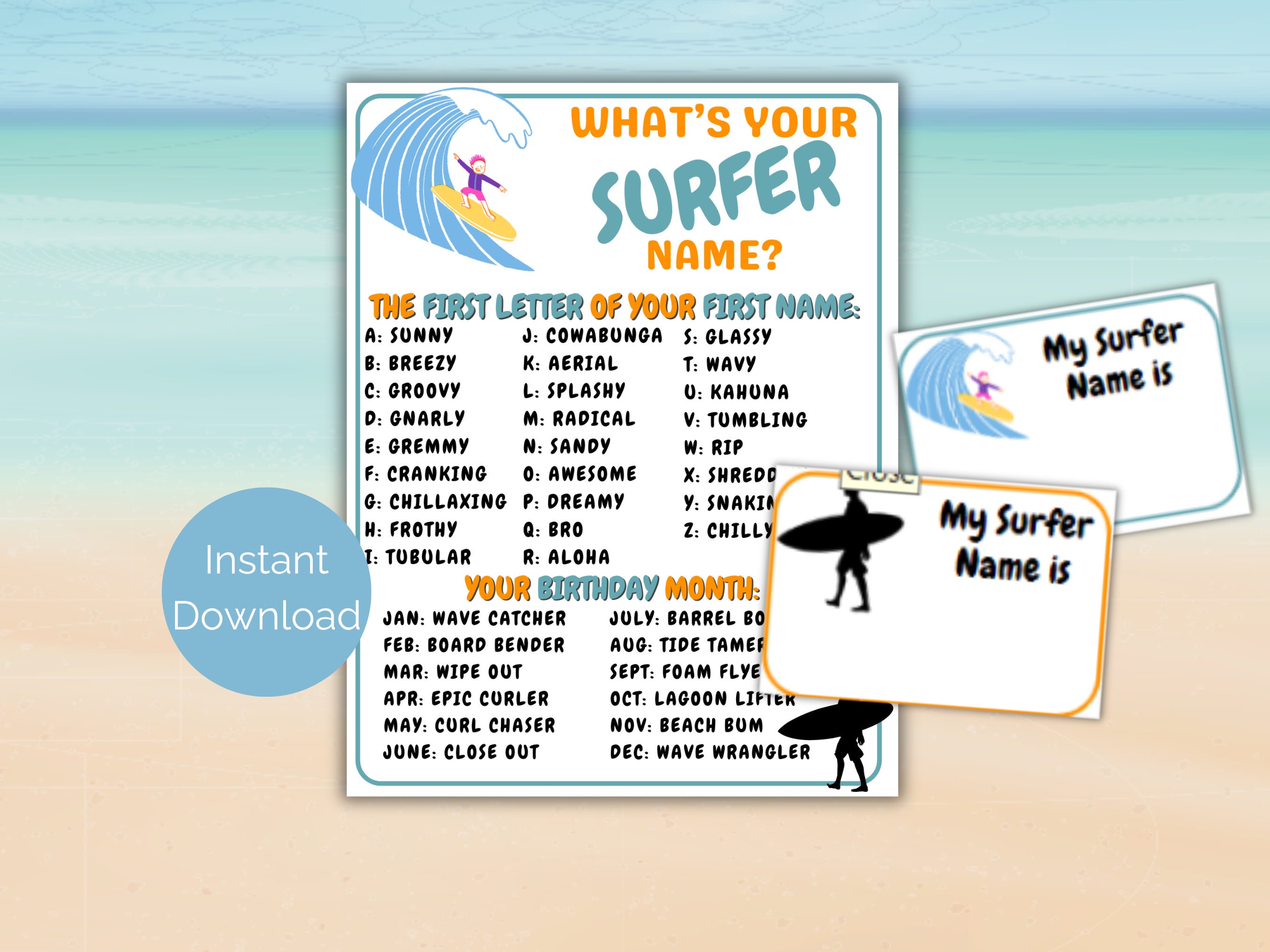 What's Your Surfer Name Game + Name Tags, Surfing Party Activity ...