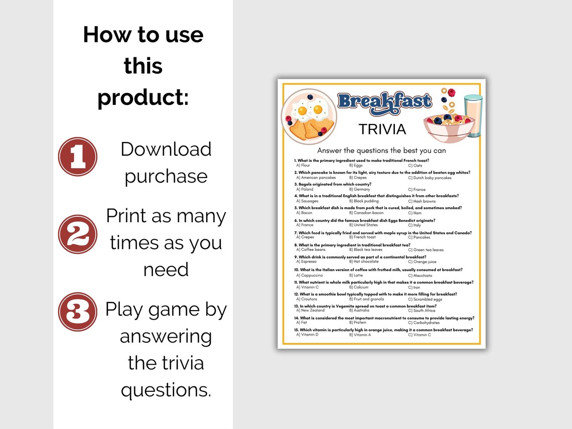 Breakfast Trivia Game, Printable Breakfast Trivia, Food Trivia, Cooking ...