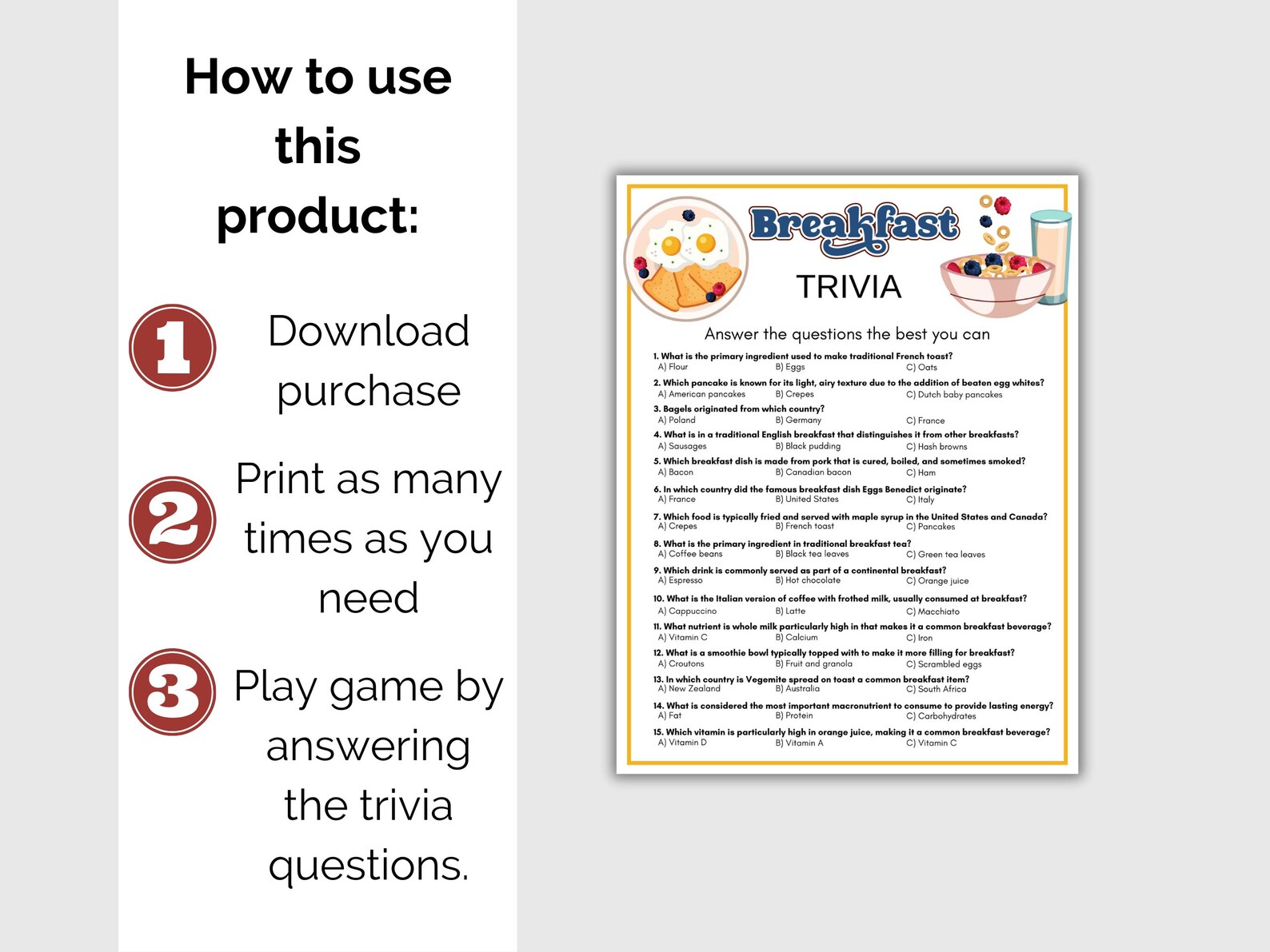 Breakfast Trivia Game, Printable Breakfast Trivia, Food Trivia, Cooking ...