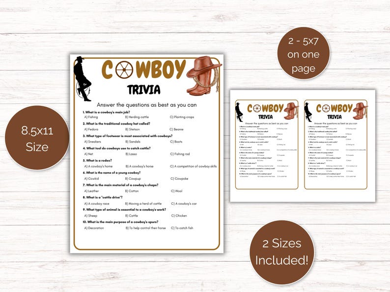 Cowboy Trivia Game, Printable Cowboy Trivia, Cowboy Quiz, Cowboy Party ...