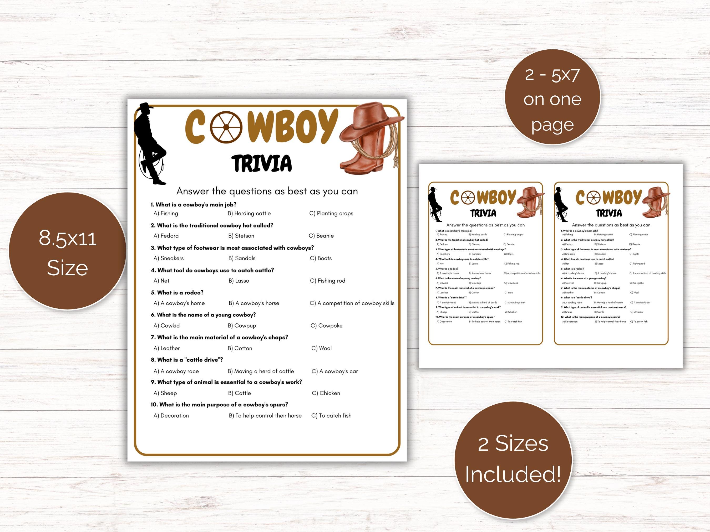 Cowboy Trivia Game, Printable Cowboy Trivia, Cowboy Quiz, Cowboy Party ...