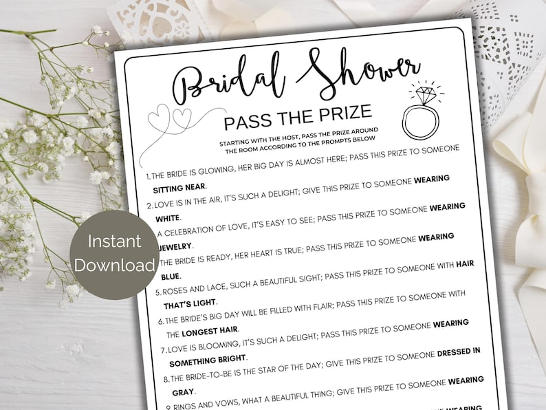 Bridal Shower Pass the Prize, Printable Bridal Pass the Parcel Game ...