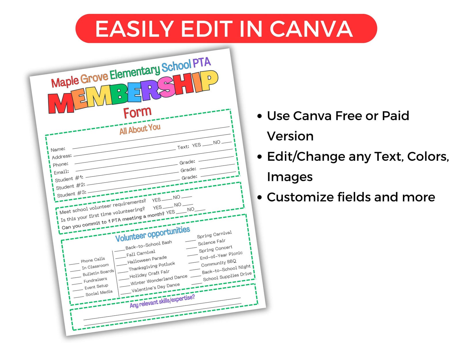 EDITABLE PTA PTO Membership Form Template, Pta Parent Volunteer Sign up ...