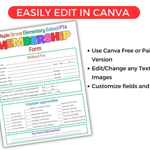 EDITABLE PTA PTO Membership Form Template, Pta Parent Volunteer Sign up ...