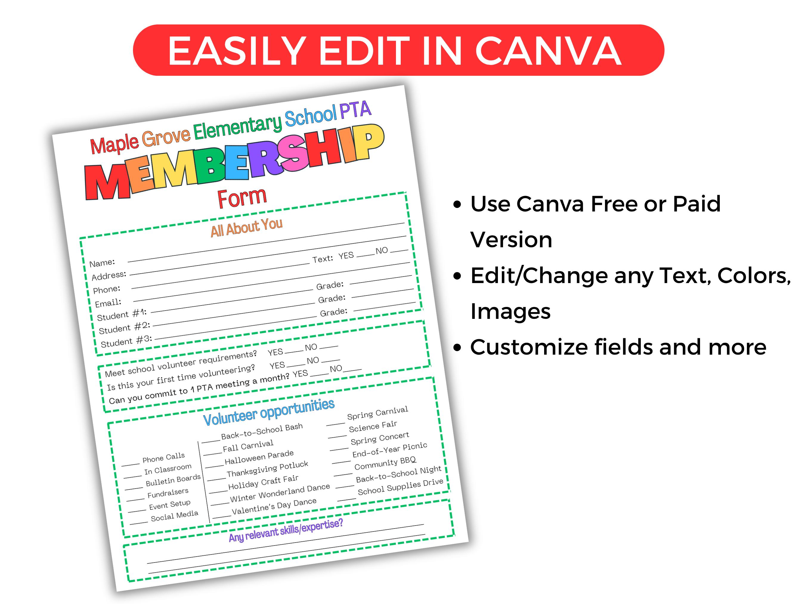 EDITABLE PTA PTO Membership Form Template, Pta Parent Volunteer Sign up ...