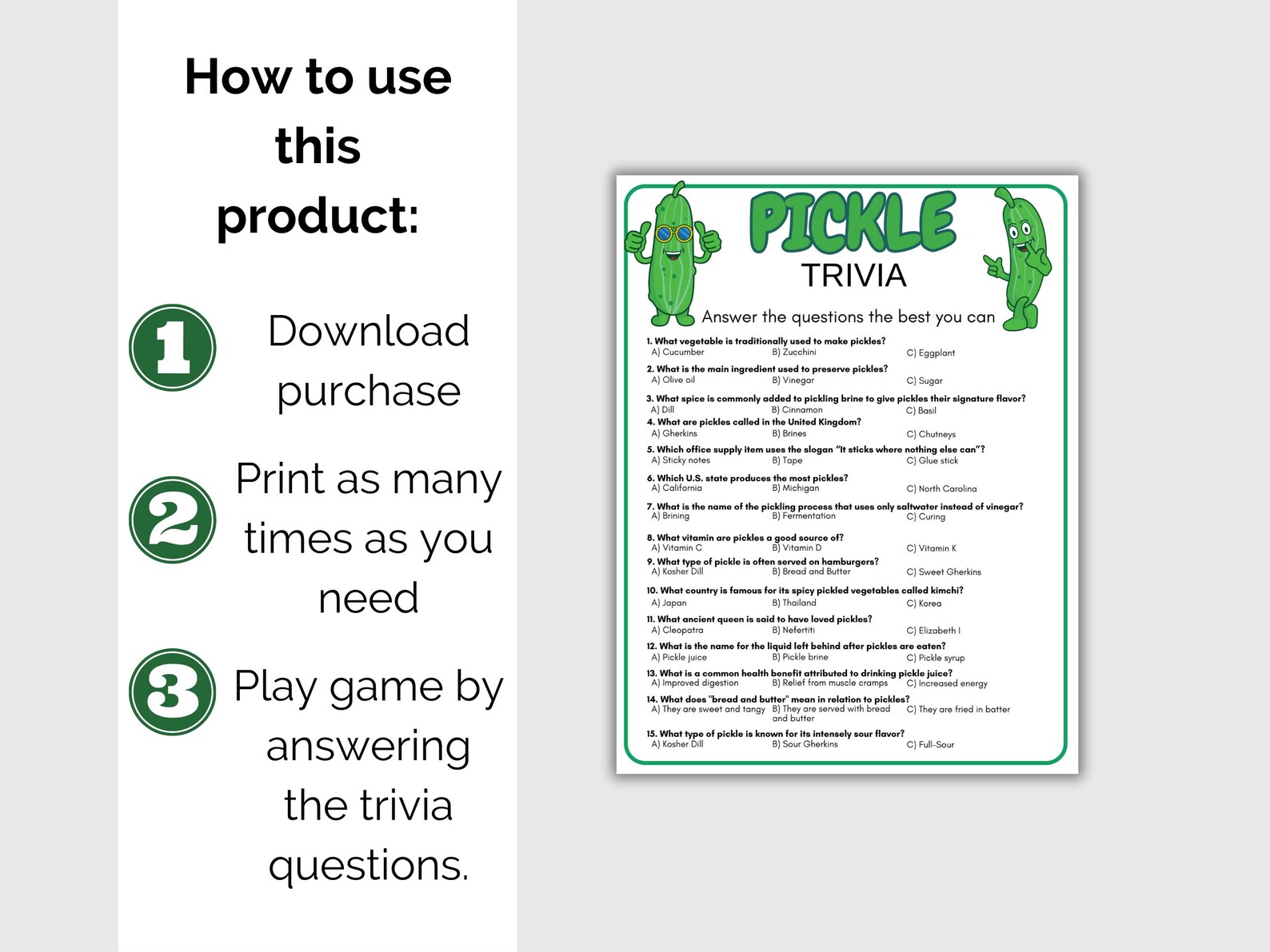 Pickle Trivia Game, Pickle Quiz, Printable Pickle Themed Party Game ...