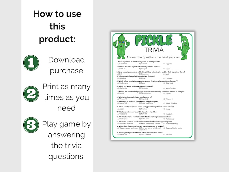 Pickle Trivia Game, Pickle Quiz, Printable Pickle Themed Party Game ...